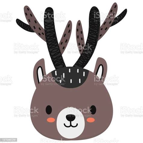 흰색 배경에 작은 귀여운 만화 사슴 얼굴 어린이 의류의 디자인을 위해 티셔츠 스티커 보육 장식에 인쇄하십시오 벡터 갈색에 대한 스톡 벡터 아트 및 기타 이미지 Istock