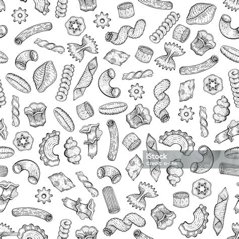 파스타 패턴 이탈리아 벡터 음식 원활한 배경 마카로니 스케치 낙서 일러스트레이션 이탈리아에서 빈티지 드로잉 파스타 아이콘 아트를 간략하게 설명합니다 푸실리 고베티 리가토니