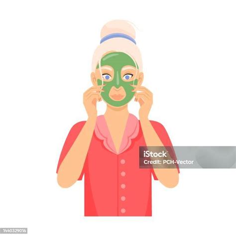 만화 소녀는 스킨케어 루틴 벡터 일러스트레이션을 하는 화장품 마스크를 착용합니다 얼굴에 여드름에 대해 천연 제품을 사용하는 여성 캐릭터 주름 방지 화장품 건강한 생활방식에