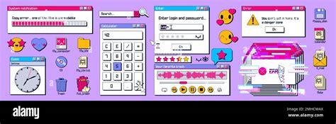 Old Computer Windows And Icons Set Isolated On Background Vector Illustration Of Retro 80s 90s