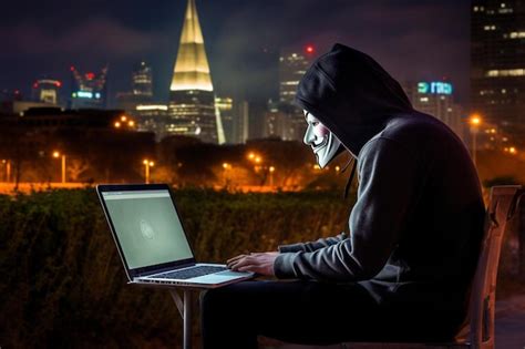 Premium Photo Anonymous Computer Hacker In White Mask And Hoodie He Using Laptop Computer For