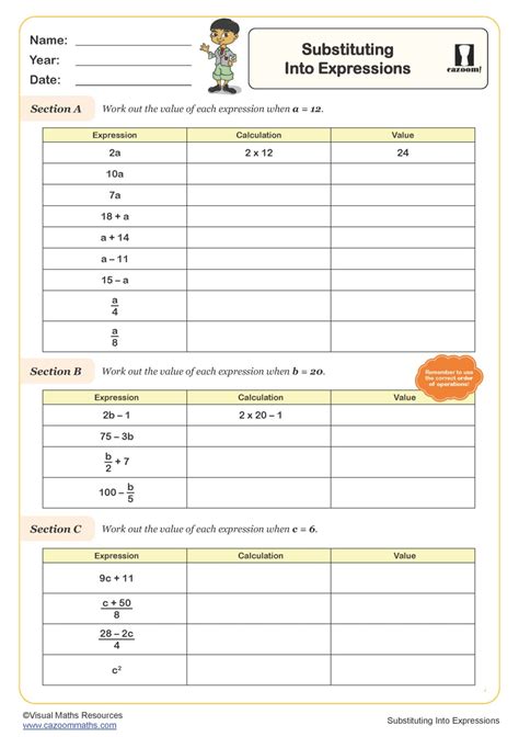 Substituting Into Expressions Worksheet Fun And Engaging Year 6 Pdf