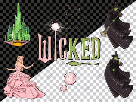 Wicked Clipart Glinda Elphaba Magic Wand Shiz Hand Drawn Broom