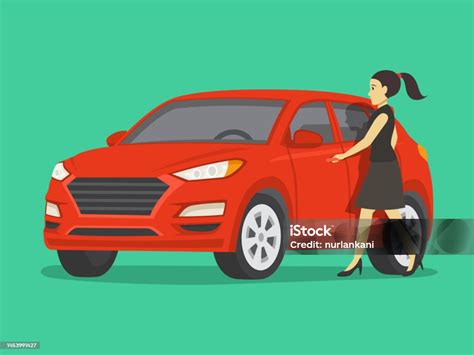 여성 운전자가 Suv 자동차 현관문을 엽니다 주차에 빨간 차의 고립된 정면도 거리에 대한 스톡 벡터 아트 및 기타 이미지