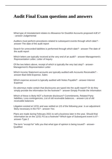 Audit Final Exam Questions And Answers Audit Ii Stuvia Us