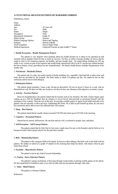 Gordons 11 Functional Health Patterns Example Information 11 Functional Health Patterns Of