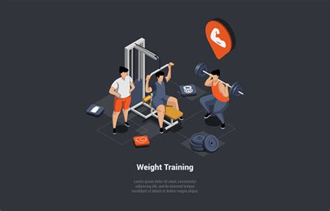스포츠 활동 보디 빌딩 및 웨이트 트레이닝의 개념 다른 근육 그룹에 대한 운동을 만드는 장치의 캐릭터 체육관에서 피트니스 운동 아이소메트릭 3d 만화 벡터 일러스트 레이 션