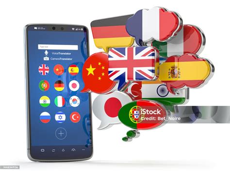 깃발이있는 말풍선 사전 번역 및 학습 언어 온라인 앱 개념 3차원 형태에 대한 스톡 사진 및 기타 이미지 3차원 형태 개념 공부 Istock