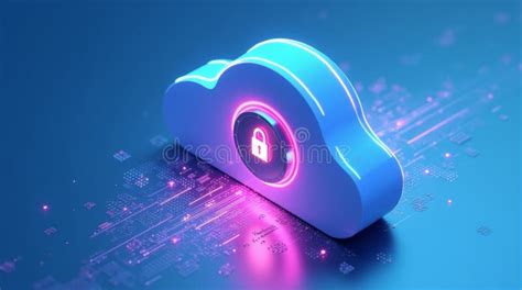 Cloud Data Security Concept With Neon Lock And Digital Cloud Icon On Blue Background 3d
