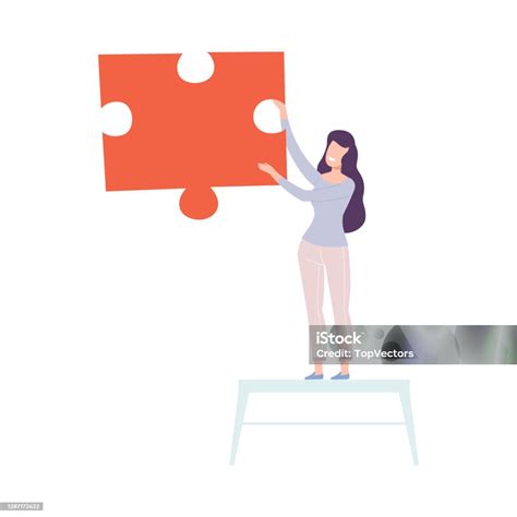 퍼즐 요소를 연결하는 젊은 여자 추상퍼즐을 조립 큰 빨간 직소 조각을 들고 소녀 어려운 문제 만화 스타일 벡터 일루비스트 해결