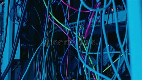 Closeup Data Wires And Cables In Dark Server Room Stock Video Video
