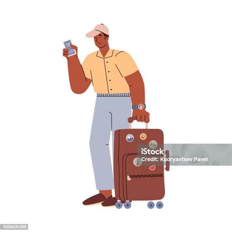 비행기 표를 들고 있는 여행 가방을 쓴 모자를 쓴 걱정스러운 남자 감정에 대한 스톡 벡터 아트 및 기타 이미지 감정