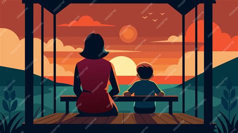 Мать и ребенок сидят на качелях на крыльце смотрят на закат и обсуждают стоическую концепцию