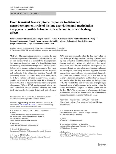 Pdf From Transient Transcriptome Responses To Disturbed Neurodevelopment Role Of Histone