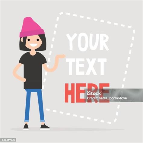 여기 당신의 텍스트입니다 공간에 복사 합니다 젊은 여성 캐릭터 프레임된 로그인에 포인팅 평면 편집 가능한 벡터 일러스트 클립