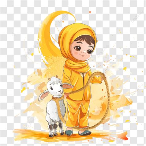 이드 알 아드하 무바라크 글꼴과 흰색 노란색 배경에 염소 밧줄을 잡고 있는 이슬람 귀여운 어린 소년 이드 울 아다 축하