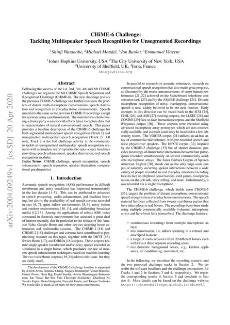Chime 6 Challenge Tackling Multispeaker Speech Recognition For Unsegmented Recordings Deepai