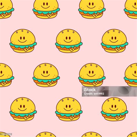 귀여운 재미 가와이 버거 와 미소 얼굴 배경 매끄러운 패턴 벡터 만화 가와이 캐릭터 일러스트 디자인 긍정적 인 빈티지 스마일 버거 패스트 푸드 원활한 패턴 벽지 개념 0명에