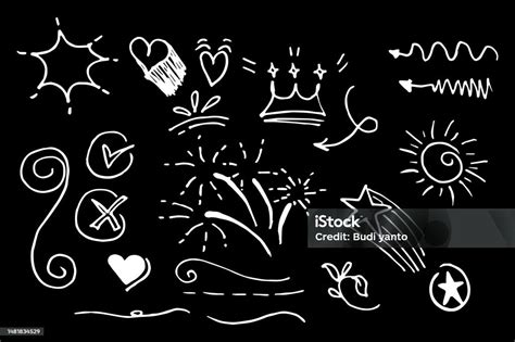 디자인 요소의 벡터 손으로 그린 컬렉션입니다 곱슬 스위시 급습 소용돌이 화살표 심장 사랑 크라운 꽃 별 태양 버스트 불꽃 놀이 하이라이트 텍스트 및 강조 요소 개념 설계03