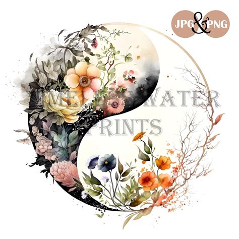 Floral Yin Yang Digital Print Instant Download Png  Watercolor