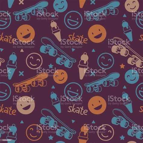 아이스크림과 단어복고풍 컬러 스케이트보드의 벡터 일러스트레이션 만화 스케이트 보드와 미소와 스케이트 보드 원활한 패턴 라인 아트 스타일 스케이트 다크 배경 거리에 대한 스톡