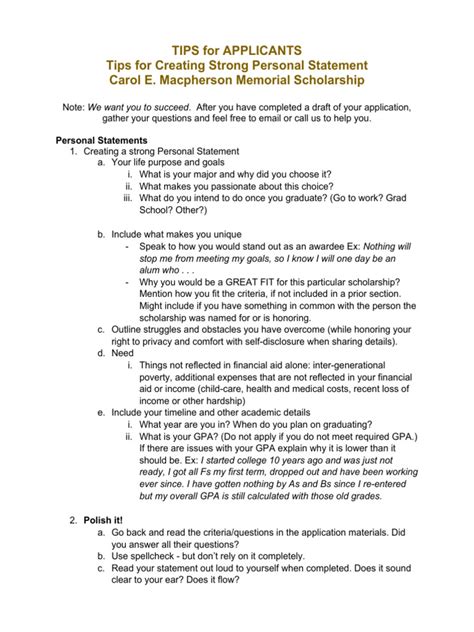 Personal Statement Tips For Scholarship Applicant Pdf Proofreading