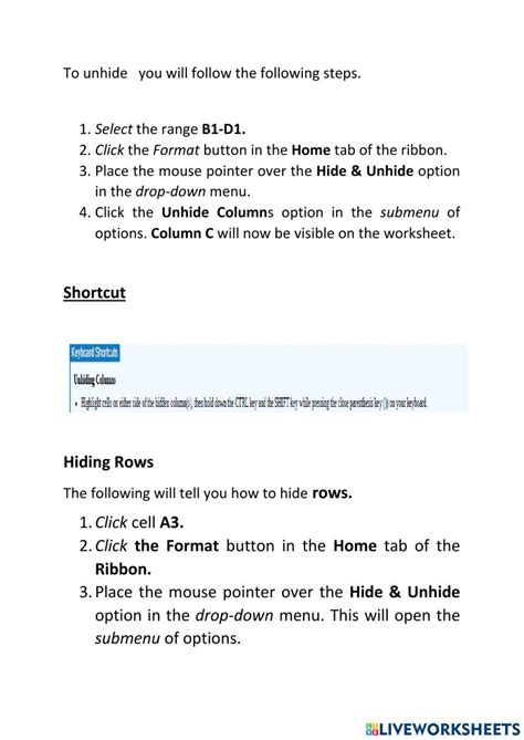 Lesson 7 Hiding And Unhiding Columns And Rows Worksheet Live Worksheets