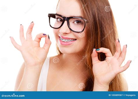 Happy Nerdy Teenage With Brace Wearing Eyeglasses Stock Image Image Of Vision Eyewear 105089587