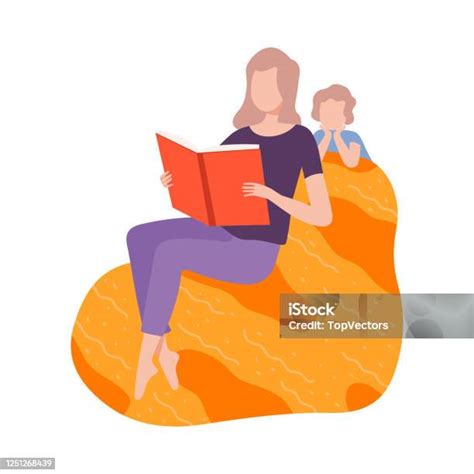 어머니 독서 책 그녀의 작은 아들 콩가방 의자에 앉아 엄마 부모와 아이 함께 시간을 보내고 홈 플랫 스타일 벡터 일러스트 가방에 대한 스톡 벡터 아트 및 기타 이미지