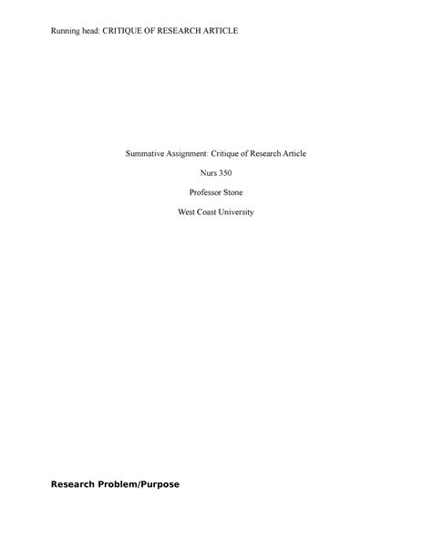 Summative Assignment Summative Assignment Critique Of Research Article Running Head Critique