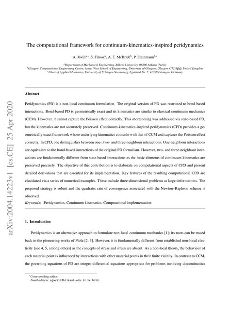 Pdf The Computational Framework For Continuum Kinematics Inspired Peridynamics