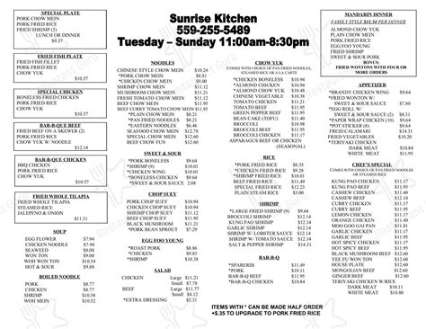Menu At Sunrise Kitchen Restaurant Fresno
