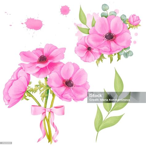 수채화 세트입니다 분홍색 아네모네 꽃다발 초록빛 가지 부토니에 꽃무늬 수채화 물감 문구류 청첩장 인사말 카드 포장 디자인 가정