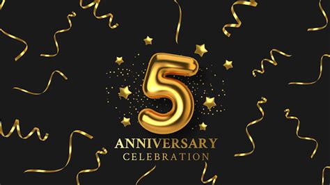 5주년 기념 행사 황금 풍선의 형태로 번호 사실적인 3d 골드 숫자와 반짝이는 색종이 뱀 생일 또는 결혼식 이벤트에 대한 수평 템플릿 벡터 5에 대한 스톡 벡터 아트 및