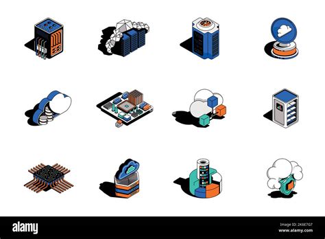 Cloud Technology 3d Isometric Icons Set Pack Elements Of Racks Computer Microchip Network