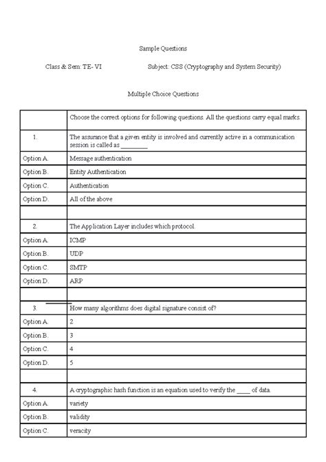 Comp Sem Vi Cryptography And System Securitysample Questions Sample Questions Class And Sem
