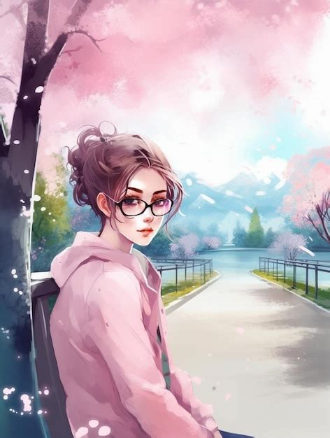 Premium Photo Anime Girl Sitting On A Bench In A Park With A Cherry