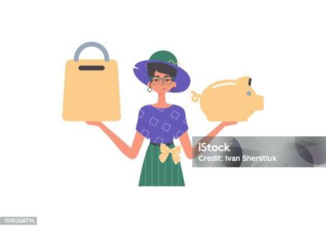 여자 친구는 그의 코뮌에서 허술한 예금 재정 여행과 낙인 찍힌 바구니를 들고 있습니다 트렌디한 스타일 벡터 일러스트레이션 경제에 대한 스톡 벡터 아트 및 기타 이미지