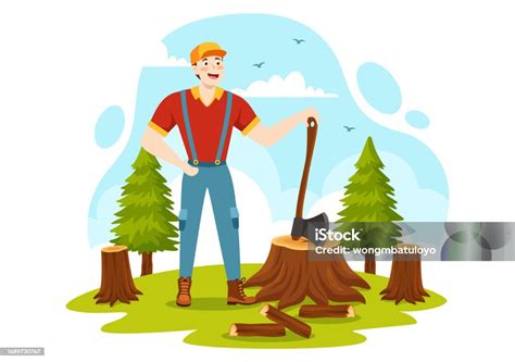 나무를 자르고 나무를 자르는 남자 벌목꾼 작업 장비 기계 또는 전기 톱 플랫 만화 배경 템플릿 벡터 일러스트레이션 거친에 대한