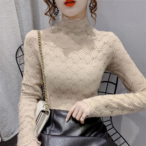 Baju Lapisan Asas Renda Berus Turtleneck Separuh Untuk Wanita