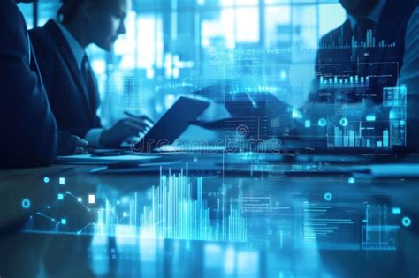 Business Meeting With Digital Data Overlay And Analysis Elements Stock