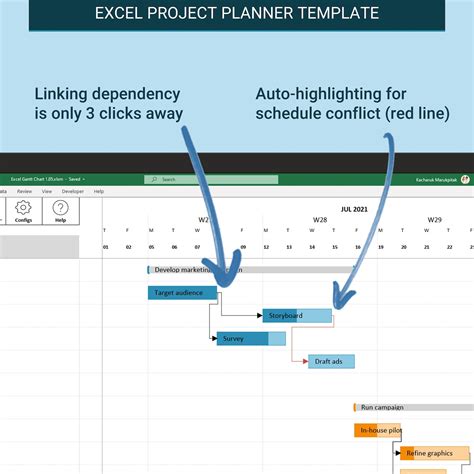 Excel Gantt Chart With Dependencies Links Project Planner Etsy