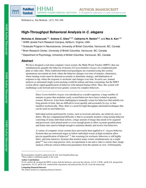 Pdf High Throughput Behavioral Analysis In C Elegans
