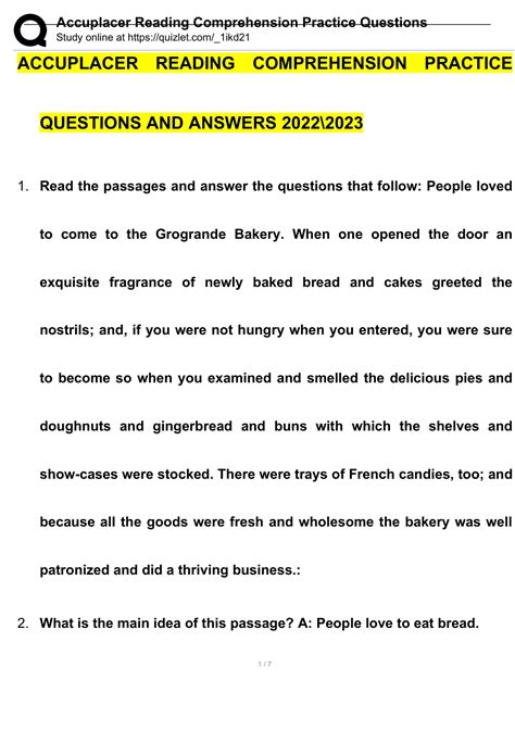 Accuplacer Reading Comprehension Practice Questions And Answers