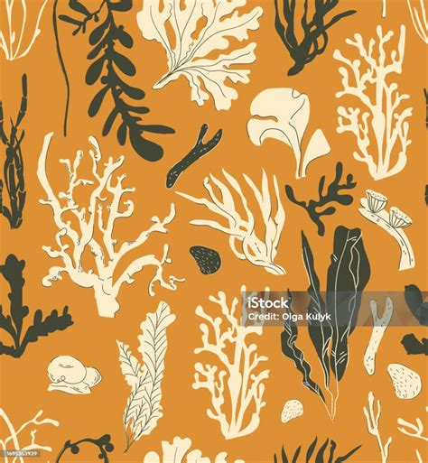 산호 폴립과 해초 원활한 패턴 벡터 검은 색과 노란색 다시마 Laminaria 조류 배경입니다 바다 암초 자연 덮개 직물 벽지 또는 포장지에 대한 수중 식물 삽화 0명에
