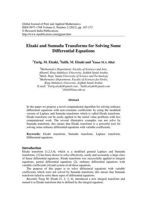 Pdf Elzaki And Sumudu Transforms For Solving Some Differential Equations