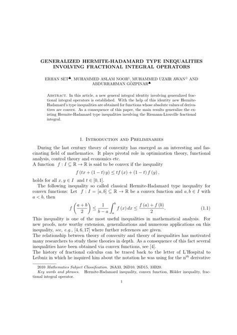 Pdf Generalized Hermite Hadamard Type Inequalities For Convex Functions Involving Fractional
