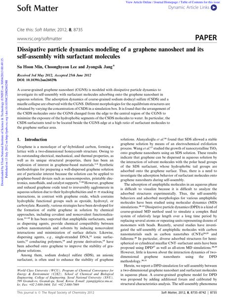 Pdf Dissipative Particle Dynamics Modeling Of A Graphene Nanosheet And Its Self Assembly With