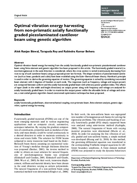 Pdf Optimal Vibration Energy Harvesting From Non Prismatic Axially Functionally Graded