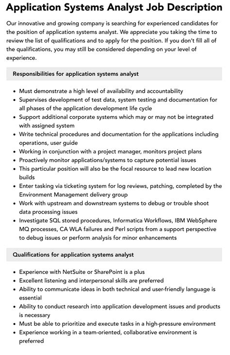 Application Systems Analyst Job Description Velvet Jobs Application Systems Analyst Job Description Velvet Jobs